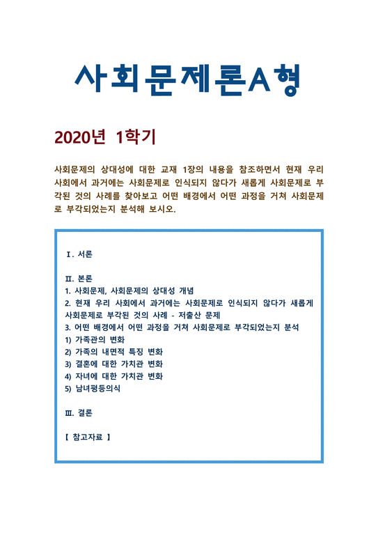 사회문제론a형 사회문제의 상대성 현재 우리 사회에서 과거에는 사회문제로 인식되지 않다가 새롭게 사회문제로 부각된 것의 사례 어떤 배경에서 어떤 과정을 거쳐 사회문제로 부각