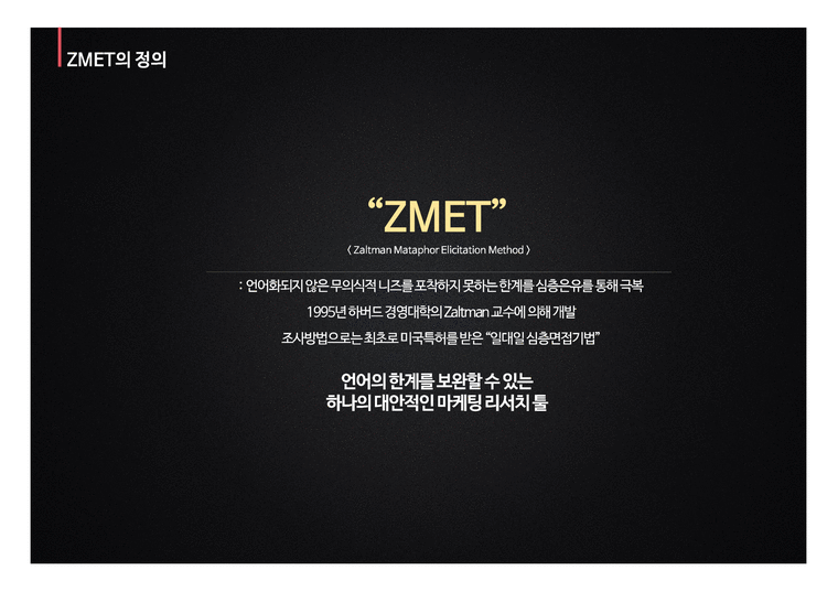 잘트먼(ZMET) 기법 ZMET의 정의 ZMET의 발생배경 ZMET의 사례 조미료의 사례 - 사회과학
