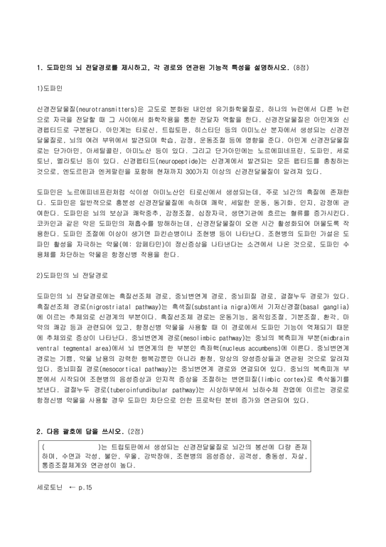 2022년 방송통신대 정신건강과간호 기말과제물도파민의 뇌 전달경로를 제시하고 각 경로와 연관된 기능적 특성을 설명하시오 단가아민산화효소 억제제인 모클로베마이드를 복용하는