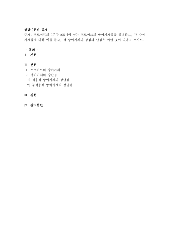 프로이트의 2주차 2교시에 있는 프로이드의 방어기제들을 설명하고 각 방어기제들에 대한 예를 들고 각 방어기제의 장점과 단점은