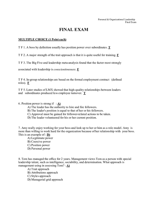Final Exam_Personal and Organizational Leadership_Aalto_MBA - 경제경영