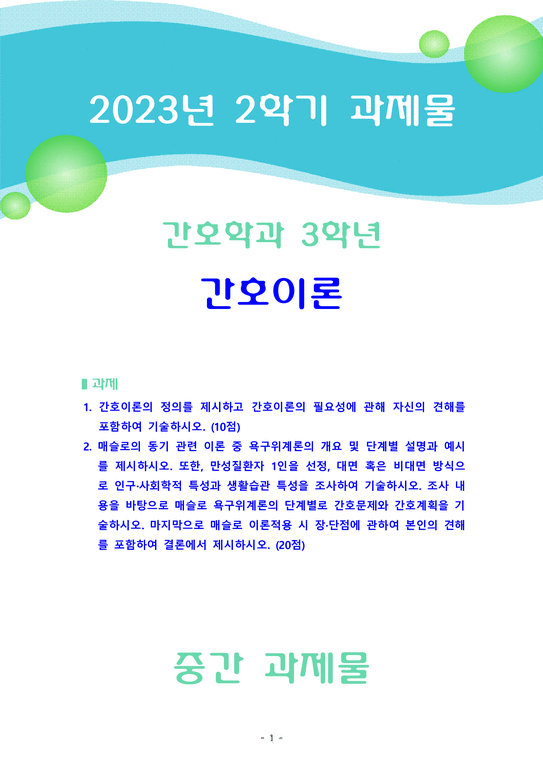 2023 간호이론 1 간호이론의 정의를 제시하고 간호이론의 필요성에 관해 자신의 견해를 포함하여 기술하시오 2 매슬로의 동기 관련 이론 중 욕구위계론의 개요 및 단계별