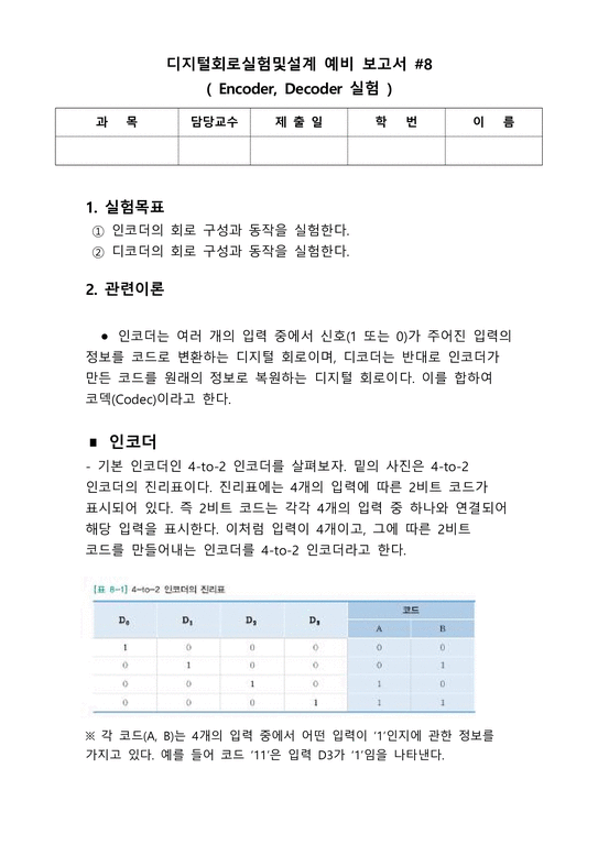 디지털 회로 실험 및 설계 Encoder Decoder 실험 1 자연공학