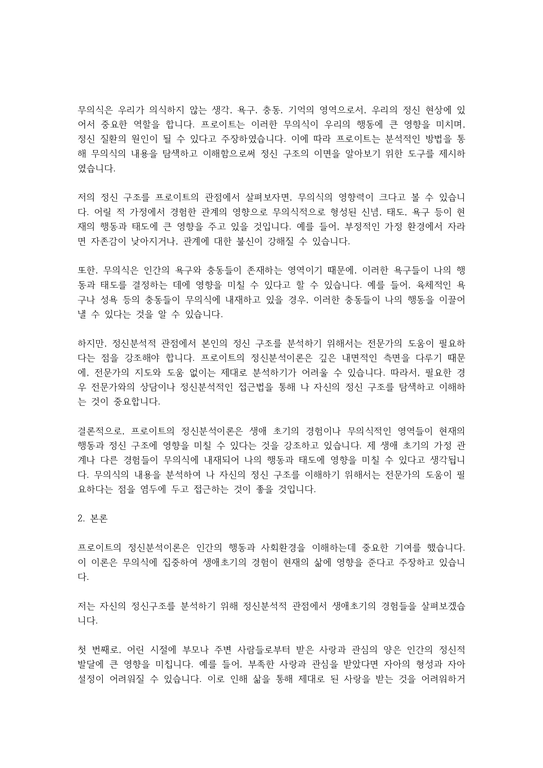 인간행동과사회환경프로이트의 정신분석이론무의식결정론을 바탕으로 현재의 삶에 영향을 주었다고 생각되는 생애초기의 경험들에 대해서 제시하고 정신분석적 관점에서 본인의 정신