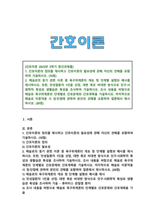 간호이론 1 간호이론의 정의 간호이론의 필요성 2 만성질환자 매슬로 욕구위계론의 단계별 간호문제와 간호계획 매슬로 이론적용 시 장단점 중간기말과제