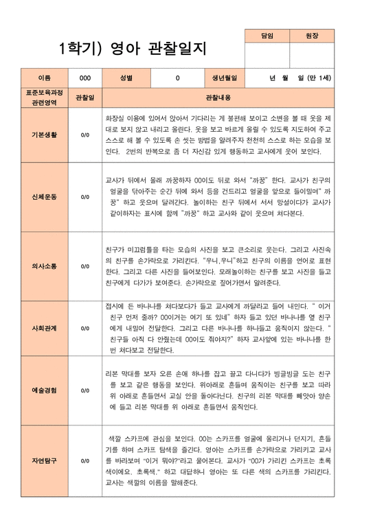 만 1세 1학기 관찰일지 11명 - 인문/교육
