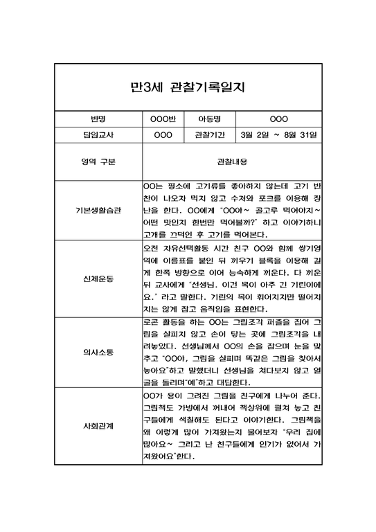 만3세 1년 기본생활 신체운동 의사소통 사회관계 예술경험 자연탐구 영역 관찰일지 및 1 2학기 총평 - 인문/교육