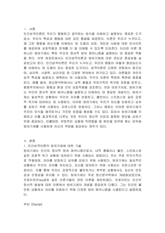 방어기제에 대하여 기술하시오 본인이 자주 사용하는 방어기제의 예시를 들어 방어기제가 어떻게 작용하고 있는지 구체적으로 예를 들어 서술하시오 사회과학