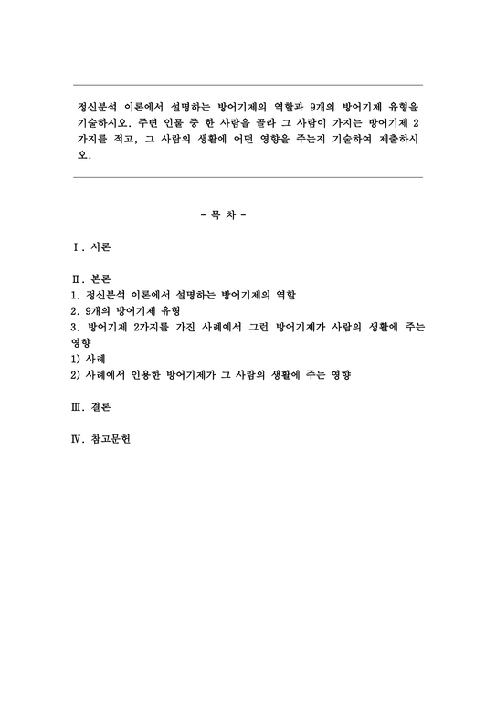 정신분석 이론에서 설명하는 방어기제의 역할과 9개의 방어기제 유형을 기술하시오 주변 인물 중 한 사람을 골라 그 사람이 가지는 방어기제 2가지를 적고 그 사람의 생활에