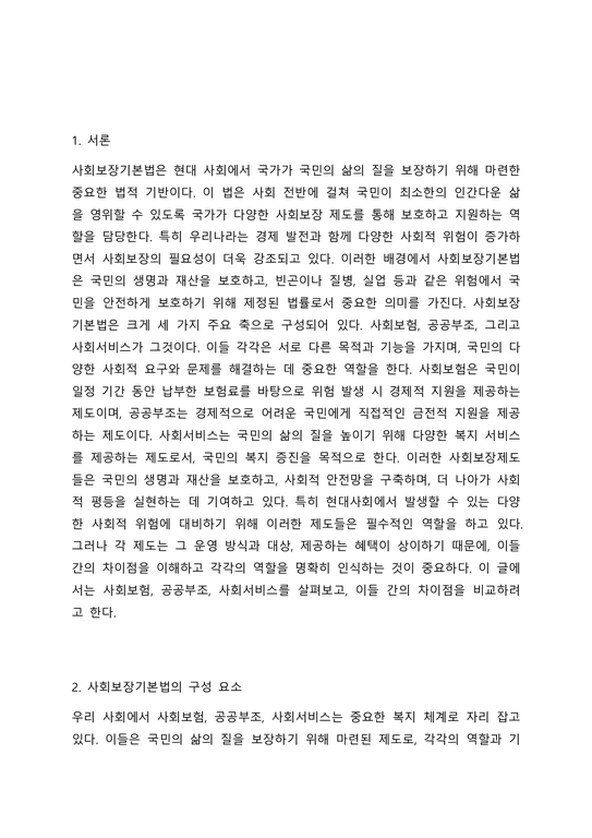 사회보장기본법은 사회보험 공공부조 사회서비스로 구성되어 있습니다 이들 세가지를 가능한 구체적으로 비교하시고 각각의 예를 들어 설명하시오 사회복지법제와 실천 사회과학