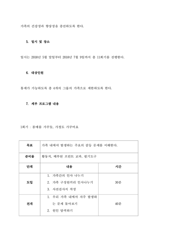 결혼준비교육 프로그램 부부교육 프로그램 부모교육 프로그램 노년기 가족 프로그램 한부모 가족 프로그램 다문화가족 프로그램 중 한 개의 주제를 선택하여 4회기 프로그램 사업
