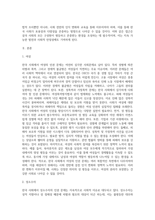 방통대 사회문제론 D형 한국사회에서 소수자의 인권은 어떤 식으로 사회문제가 되고 있으며 바람직한 변화를 이끌어내기 위해서
