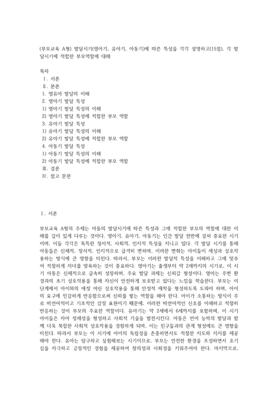 부모교육 A형 발달시기영아기 유아기 아동기에 따른 특성을 각각 설명하고15점 각 발달시기에 적합한 부모역할에 대해 3 인문교육