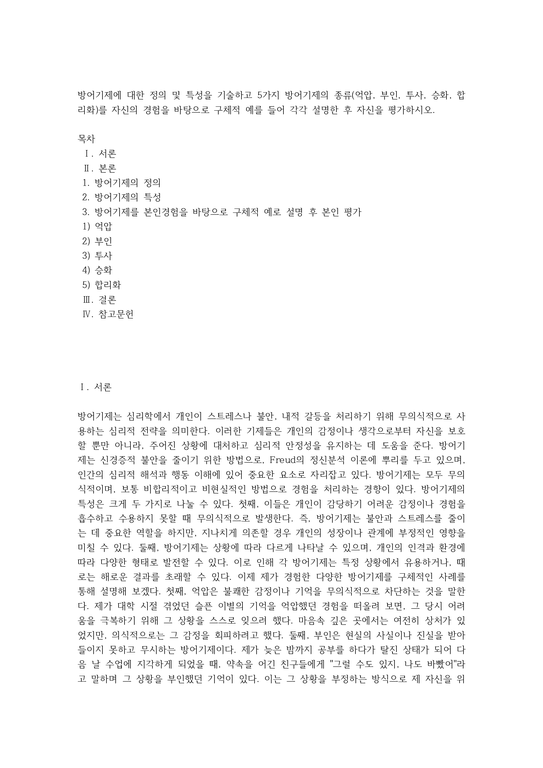 방어기제에 대한 정의 및 특성을 기술하고 5가지 방어기제의 종류억압 부인 투사 승화 합리화를 자신의 경험을 바탕으로 구체적 예를 들어 각각 설명한 후 자신을 평가하시오