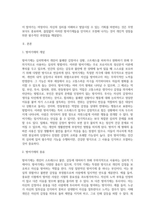 자신이 자주 사용하는 방어기제는 무엇인지 실례를 최소 3개 이상 들어 보고 그러한 방어기제의 이면에 있는 자신의 심리에 1 인문교육