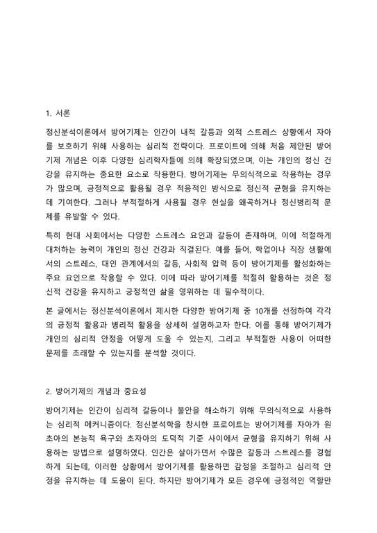 정신분석이론에서 제시한 방어기제 중 10개를 선정하여 각각의 방어기제의 긍정적 활용과 병리적 활용 2가지 측면에 대하여 상세히