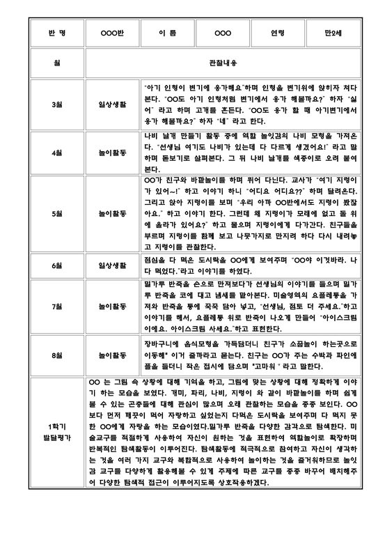 만2세 1년치 일상놀이 관찰일지 12Page (1 2학기 발달평가 첨부) - 인문/교육