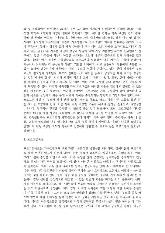 각 기관 혹은 연구소가 개발한 가족생활교육 프로그램 관련 자료를 찾아 프로그램명 프로그램 개발배경 프로그램목표상위목표와 하위목표 프로그램의 회기별 내용 교육방법 평가방