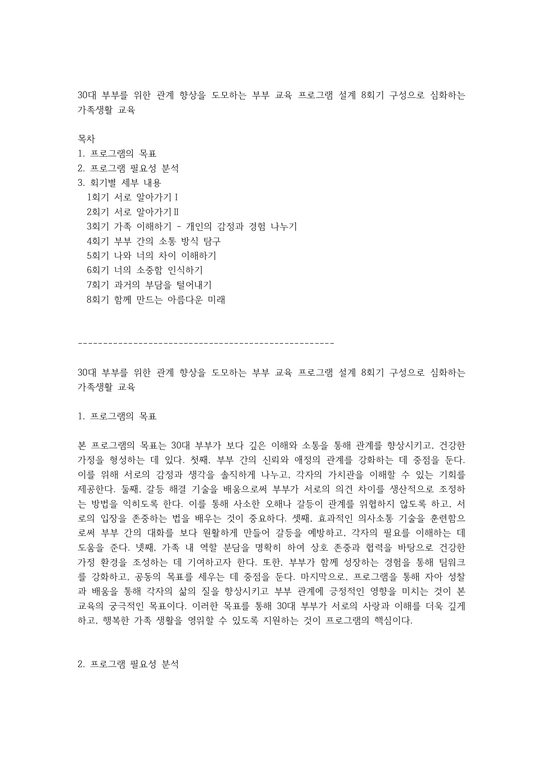 30대 부부를 위한 관계 향상을 도모하는 부부 교육 프로그램 설계 8회기 구성으로 심화하는 가족생활 교육 사회과학