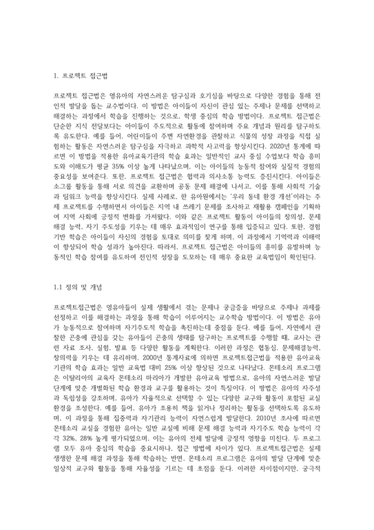영유아 교육프로그램 중 프로젝트접근법과 몬테소리프로그램에 대해 기술 사회과학
