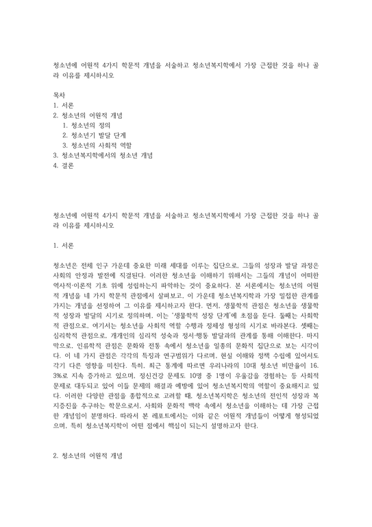 청소년에 어원적 4가지 학문적 개념을 서술하고 청소년복지학에서 가장 근접한 것을 하나 골라 이유를 제시하시오 - 사회과학