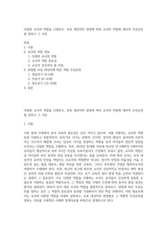 다양한 교사의 역할을 나열하고 보육 대상자의 연령에 따라 교사의 역할에 대하여 우선순위를 정하고 그 이유 - 사회과학