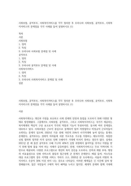 사회보험 공적부조 사회복지서비스를 각각 정리한 후 우리나라 사회보험 공적부조 사회복지서비스의 문제점을 각각 사례를 들어 설명하시오 1 사회과학