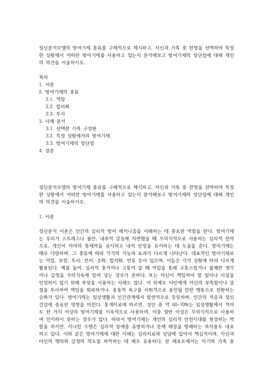 정신분석모델의 방어기제 종류를 구체적으로 제시하고 자신과 가족 중 한명을 선택하여 특정한 상황에서 어떠한 방어기제를 사용하고 있는지 분석해보고 방어기제의 장단점에 대해