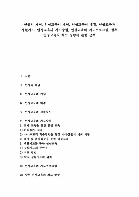인성교육 인성지도 인성교육프로그램 인성 인성의 개념 인성교육의 개념 인성교육의 배경 인성교육과 생활지도 인성교육의 지도방법 인성