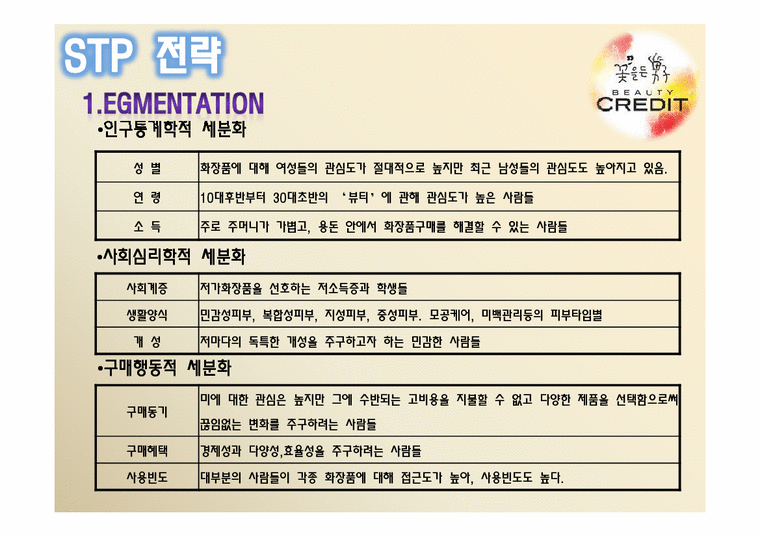마케팅 전략 뷰티크레딧의 STP 4P전략 - 경제경영