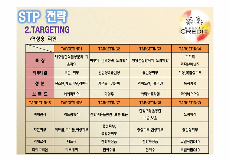 마케팅 전략 뷰티크레딧의 STP 4P전략 - 경제경영