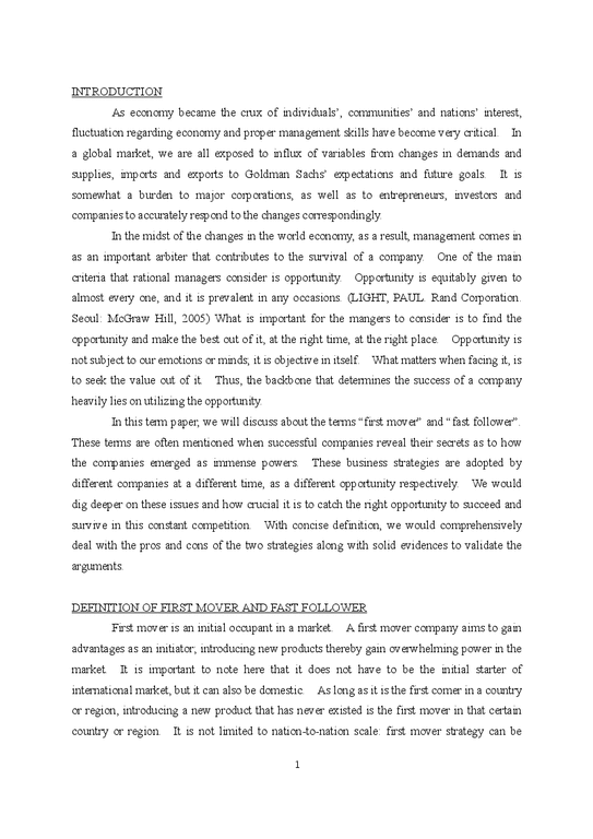(선발자)First Mover vs(추종자)Fast Follower 전략비교(영문) - 경제경영