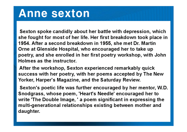 미국시 Anne Sexton의 Her kind The farmer s wife 작가소개 및 시 분석 - 인문/교육