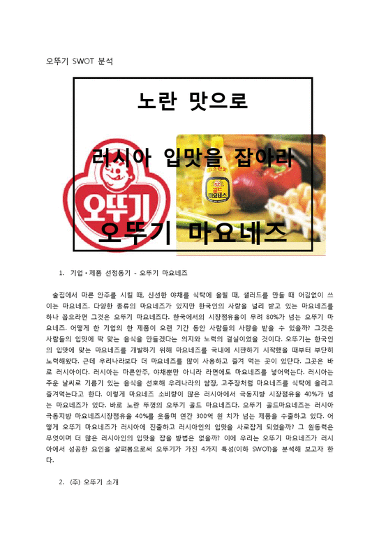 마케팅 오뚜기 마요네즈 러시아 진출 Swot 분석 경제경영