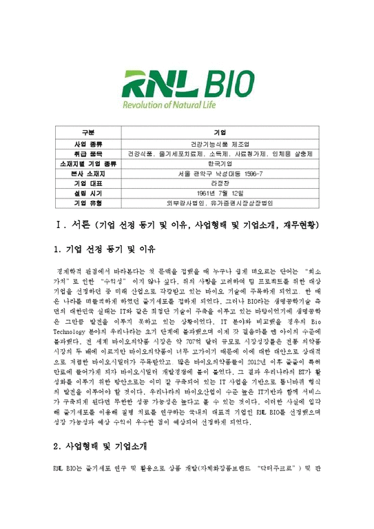 RNL Bio(알앤엘바이오)의 경영전략 - 경제경영