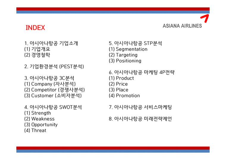 아시아나항공 마케팅전략 PPT 아시아나항공 기업분석과 마케팅 3C SWOT STP 4P전략분석및 아시아나항공 미래전략제언 - 경제경영